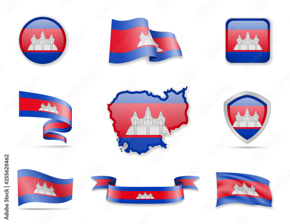 Cambodia flags collection. Vector illustration set flags and outline of ...