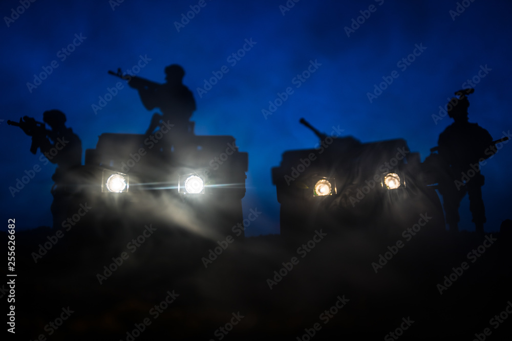 War Concept. Military silhouettes fighting scene on war fog sky ...