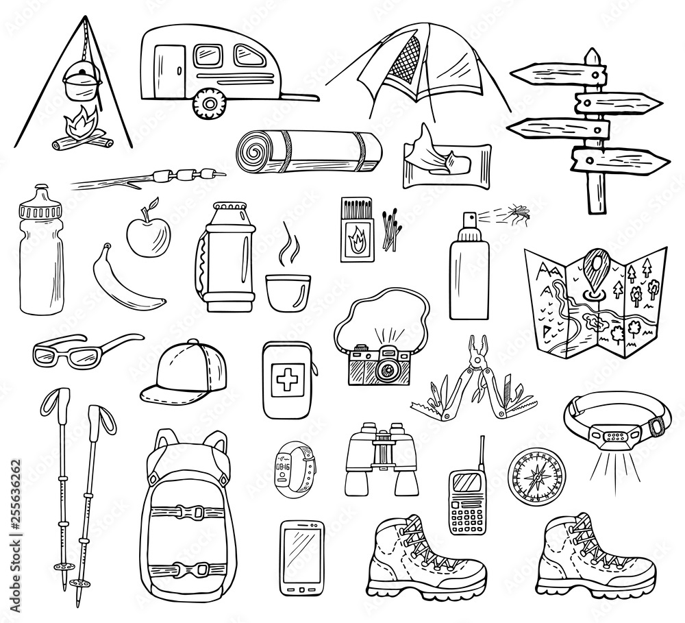 Set of hand-drawn camping icons isolated on white background. Doodle ...