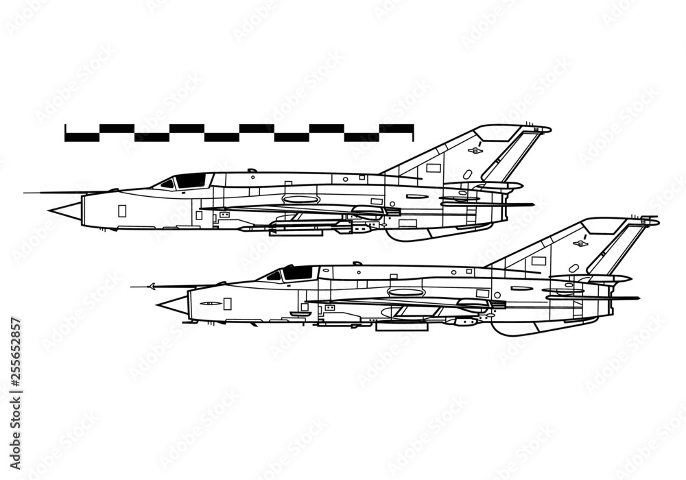 Mikoyan MiG-21 Fishbed. Outline drawing Stock Vector | Adobe Stock