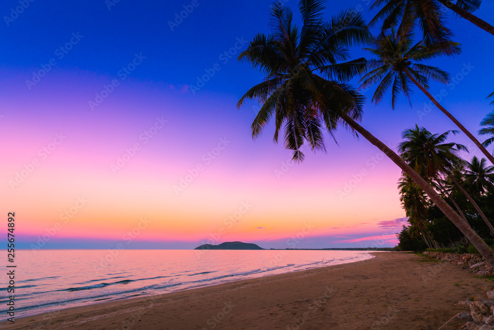 Panorama View Of Sunset Sky On Tropical Beach In Twilight Time At