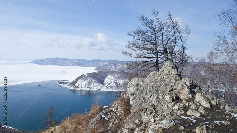 View of the source of the Angara river from lake Baikal from the ...