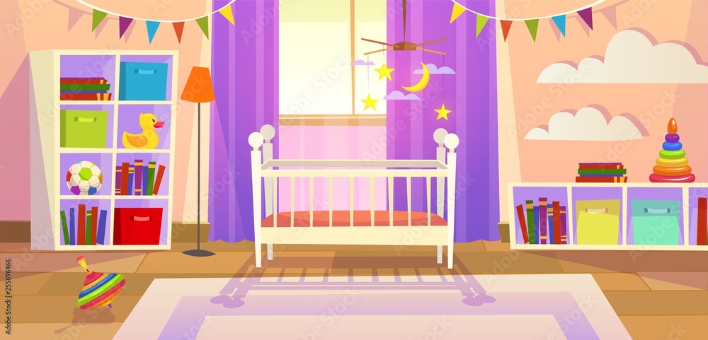 Baby room. Interior nursery bedroom newborn furniture cot children toys ...
