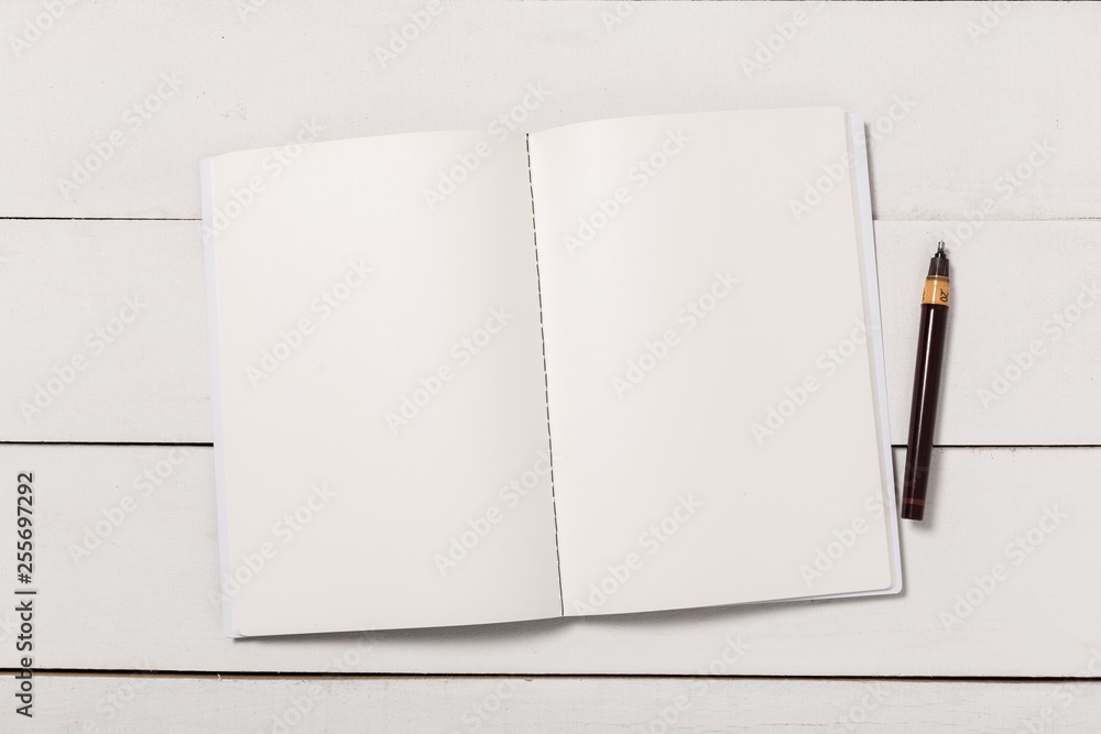 Blank book cover template with page in front side standing on white ...
