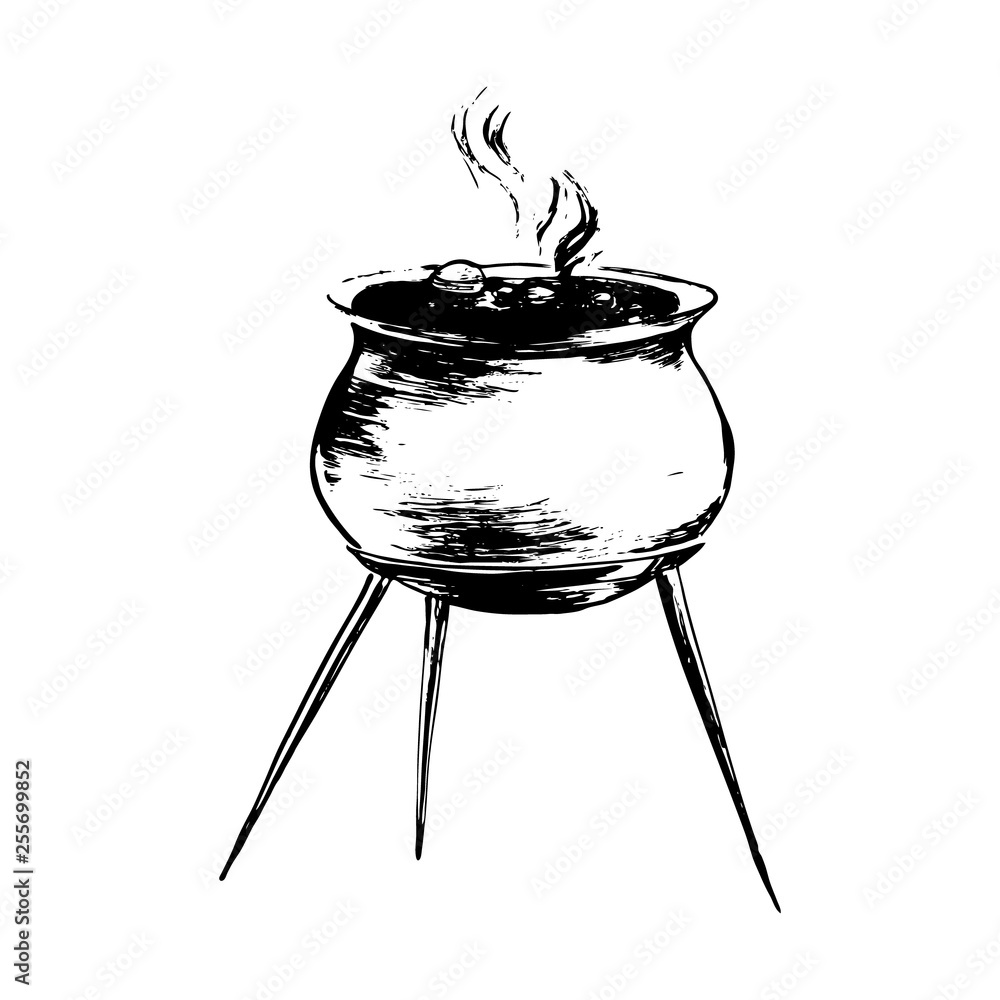 Hand drawn cauldron with potion sketch illustration. Vector black ink ...