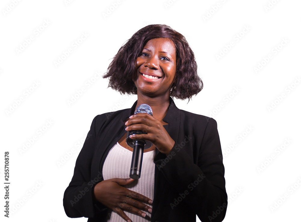 confident black African American business woman with microphone ...