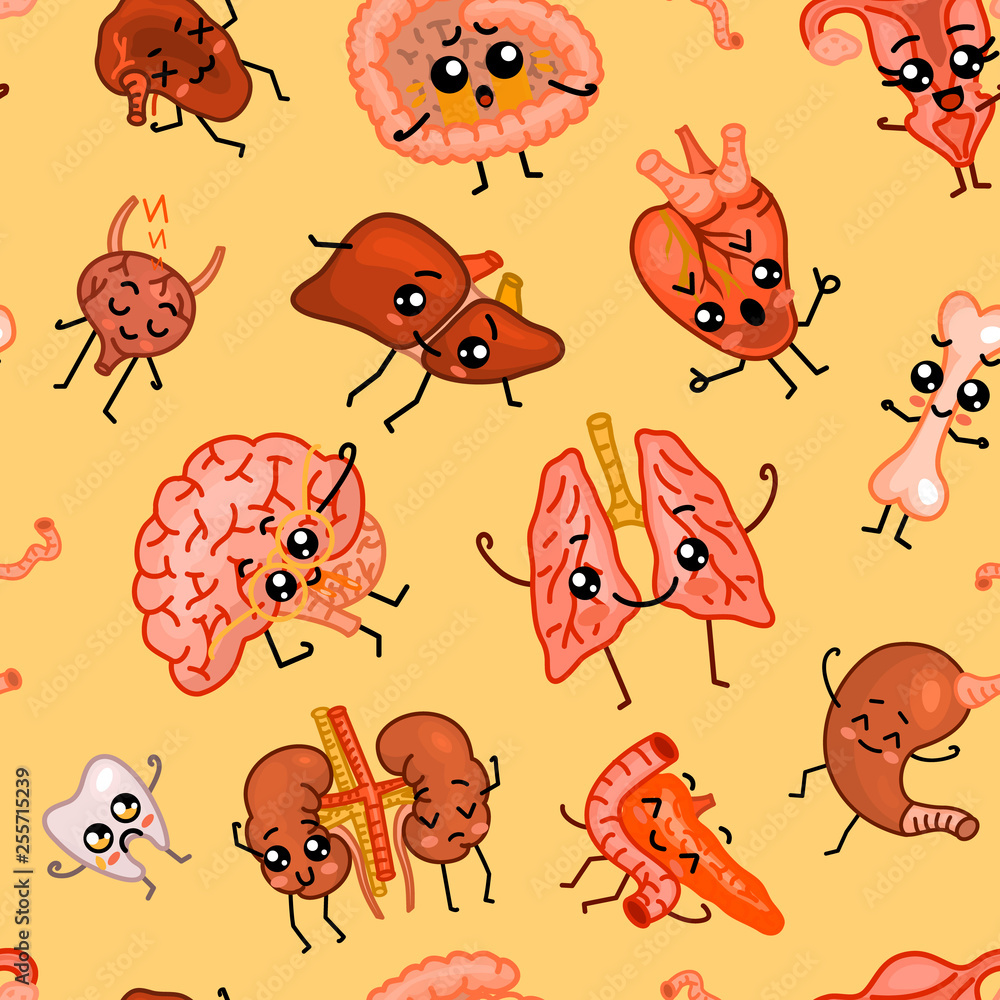Cute organs Seamless pattern. Happy human, Set of smiling character ...