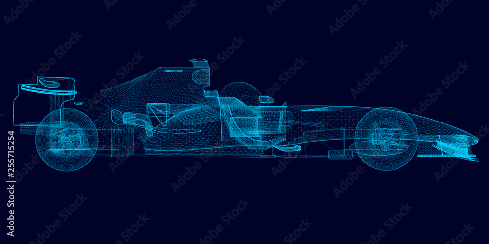Wireframe of a polygonal racing car of blue lines on a dark background ...