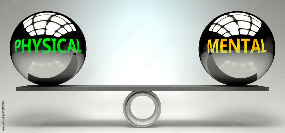 Physical and mental balance, harmony and relation pictured as two equal ...