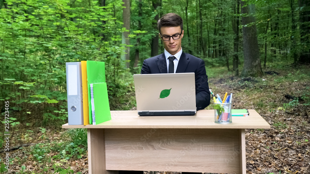 Ecologist creating eco saving project, sitting in forest, deforestation ...