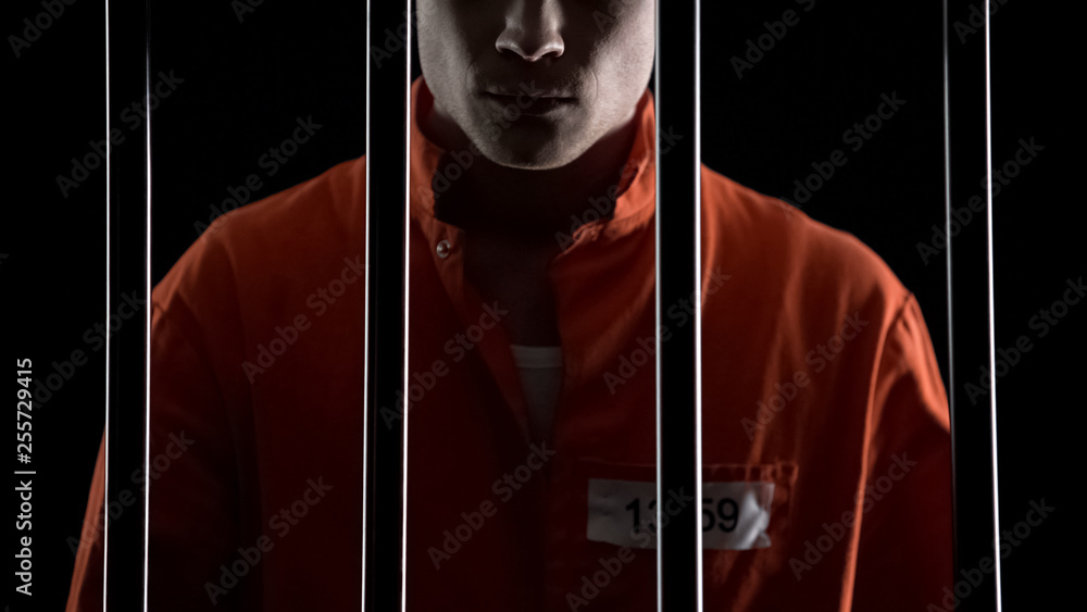 Poster Criminal in orange uniform behind prison bars, serving life ...