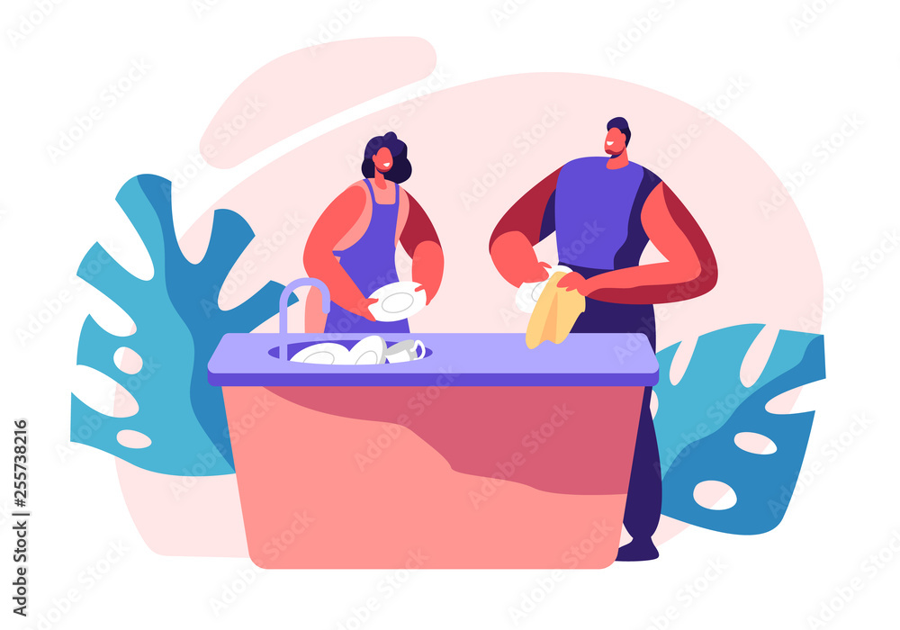 Family Kitchen Cleaning Time. Housework, Chores Domestic Working Dishes ...