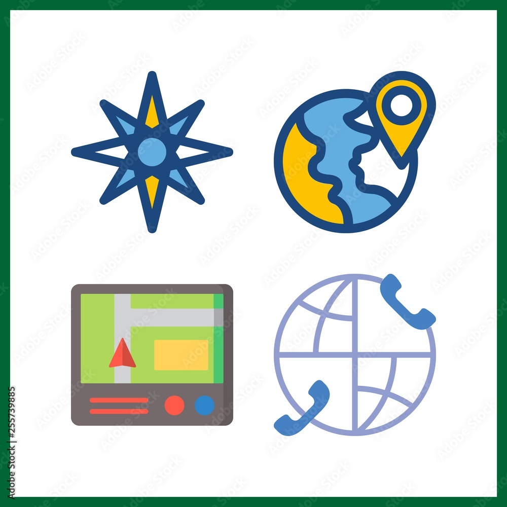 4 map icon. Vector illustration map set. planet earth and windrose ...
