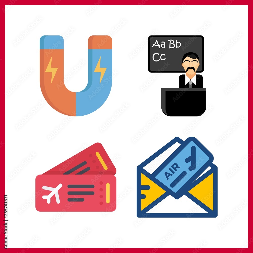 4 class icon. Vector illustration class set. plane ticket and magnet ...