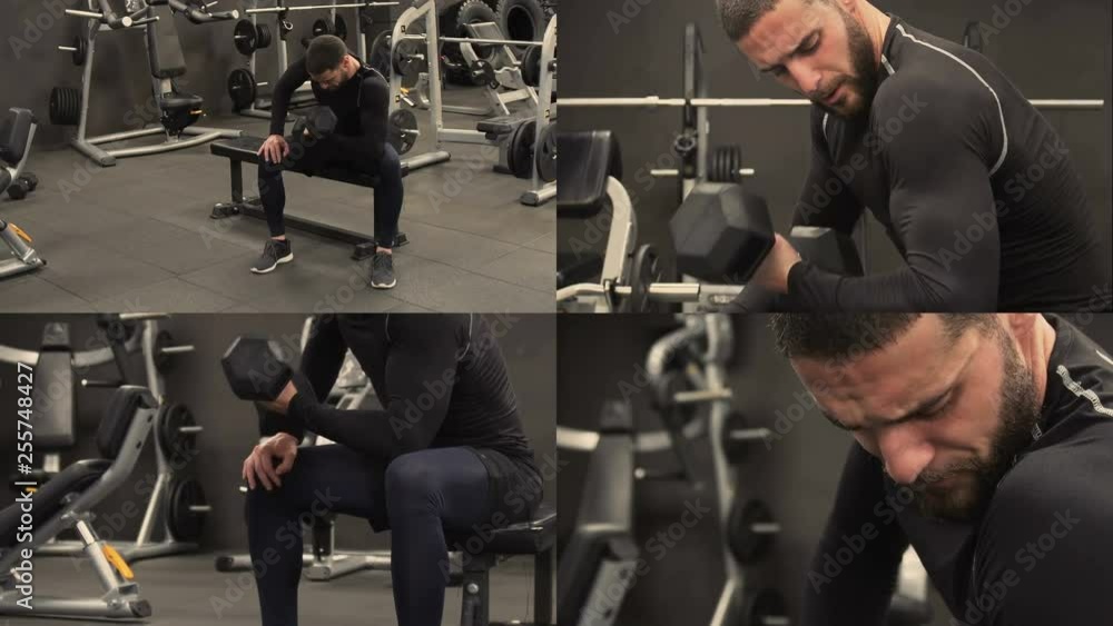Sporty young man training with dumbbell in gym. Multiscreen montage ...