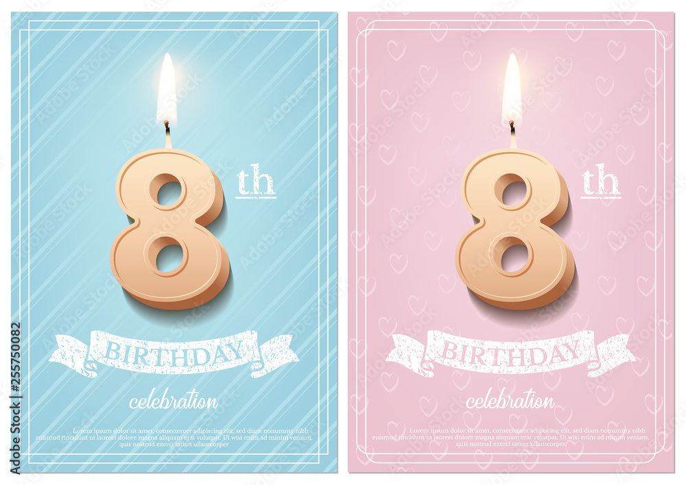 Burning number 8 birthday candle with vintage ribbon and birthday ...