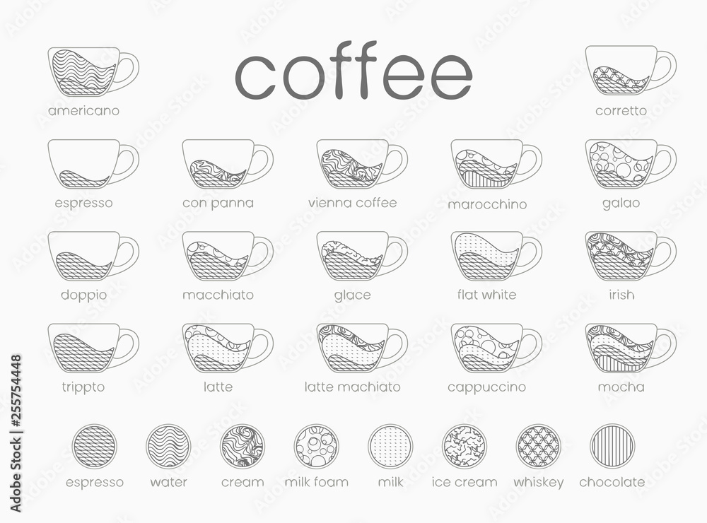 Vector line infographic coffee set. Recipes, proportions on white ...