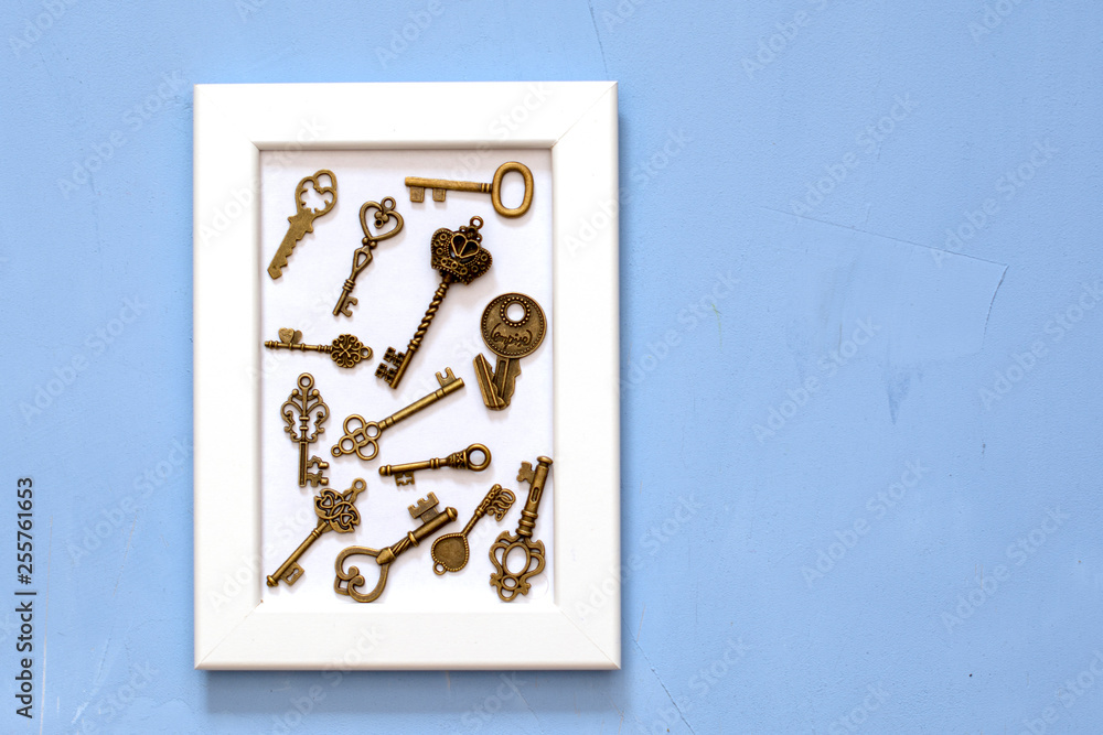 vintage keys of different shape and configuration in white picture ...
