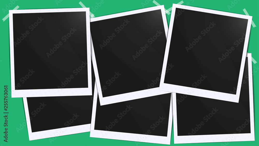 Realistic empty photo black blank frames batch mockup glued with tape ...