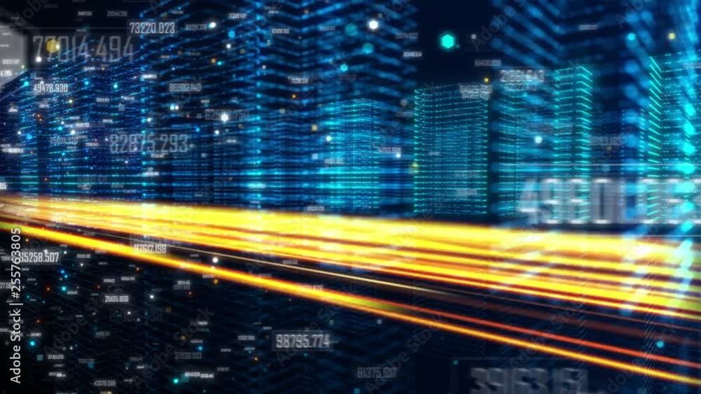 a digital smart city with information and data.Buildings filled with ...