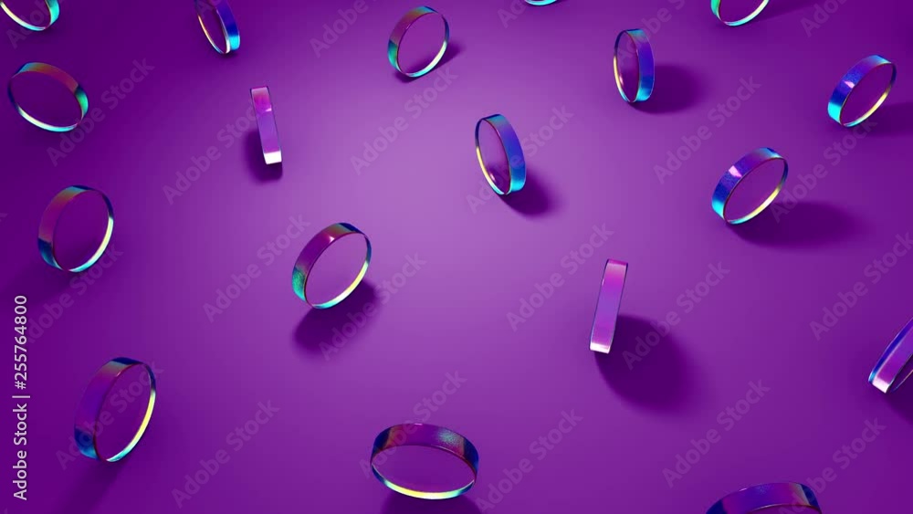 3D computer rendering of crystal glass round objects rotating on purple ...