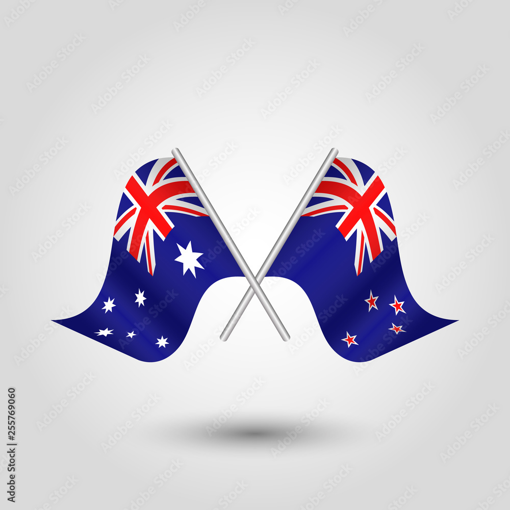 vector two crossed australian and zealander flags on silver sticks ...