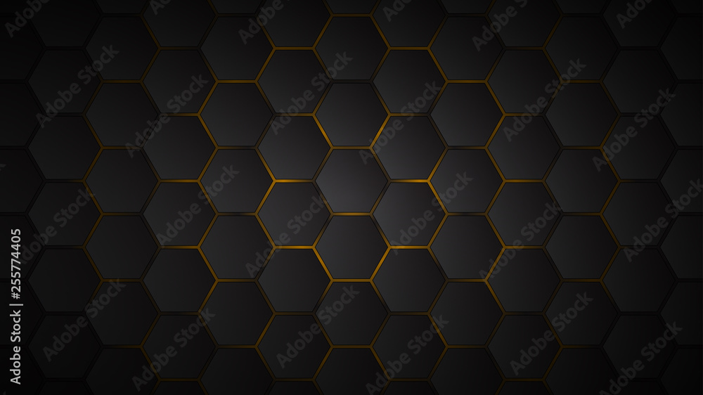 Abstract background of black hexagon tiles with yellow gaps between ...