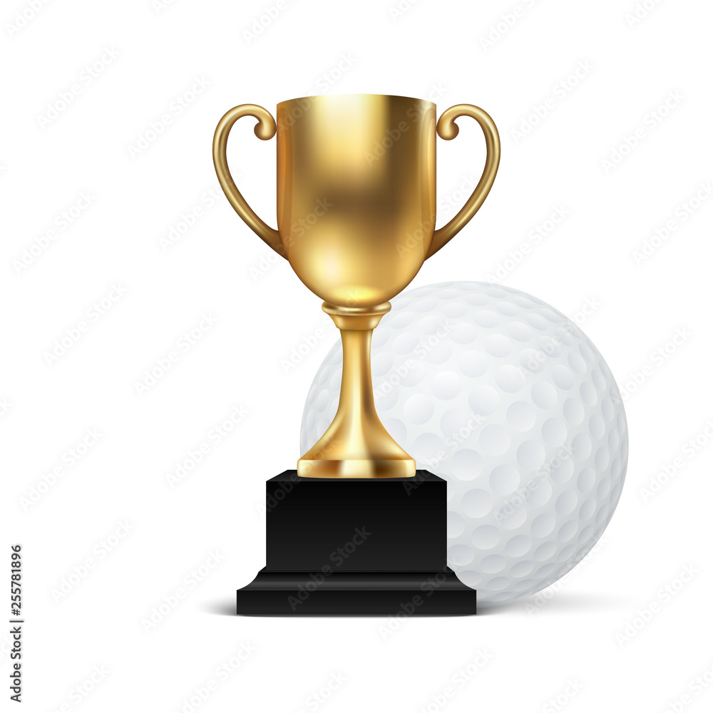 Realistic Vector 3d Blank Golden Champion Cup Icon wirh Golf Ball Set ...