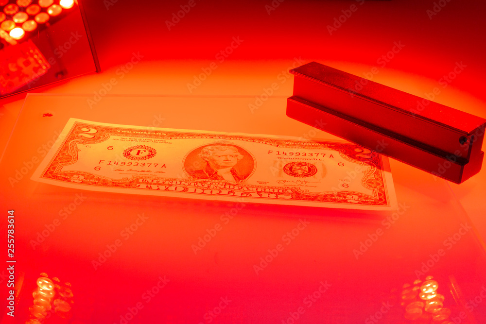 Verifying the authenticity of the two-dollar bill in oblique red light ...