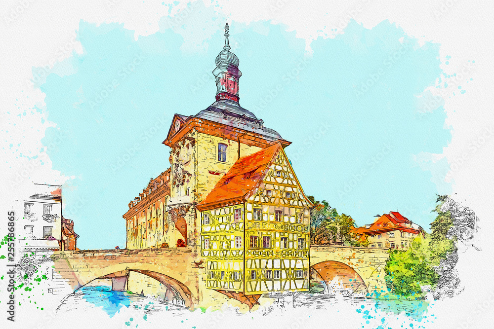 Watercolor sketch or illustration of a beautiful view of the ...