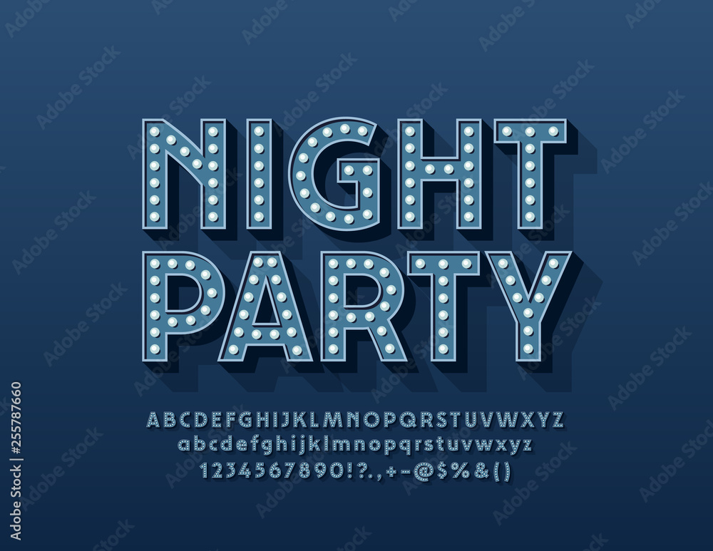 Vector stylish illuminated banner Night Party with trendy lamp Alphabet ...