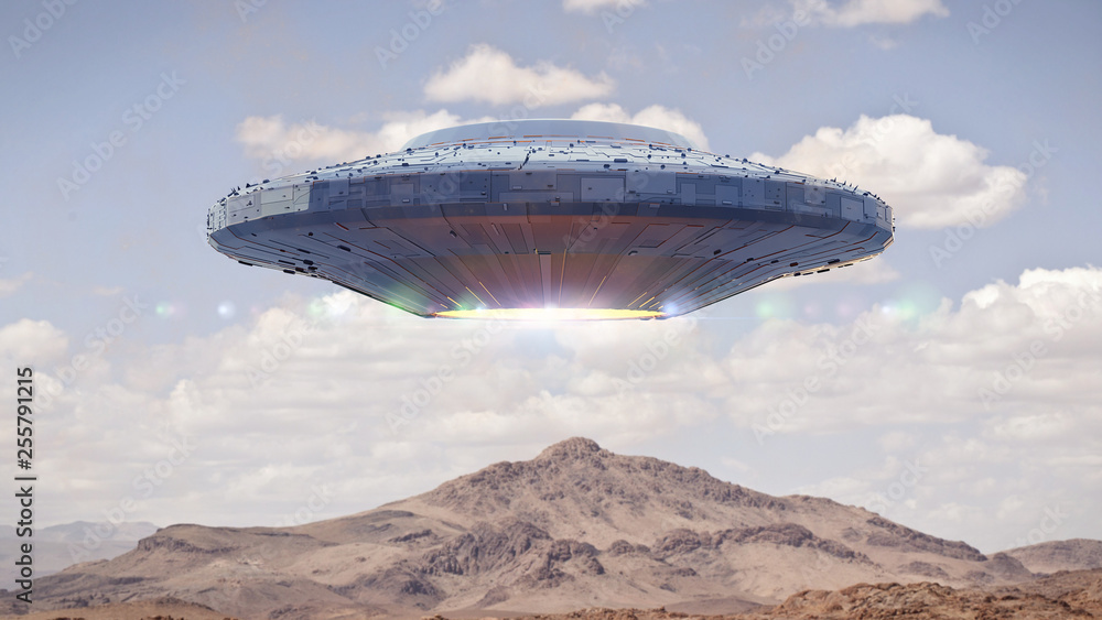 UFO, science fiction scene with alien spaceship, extraterrestrial ...