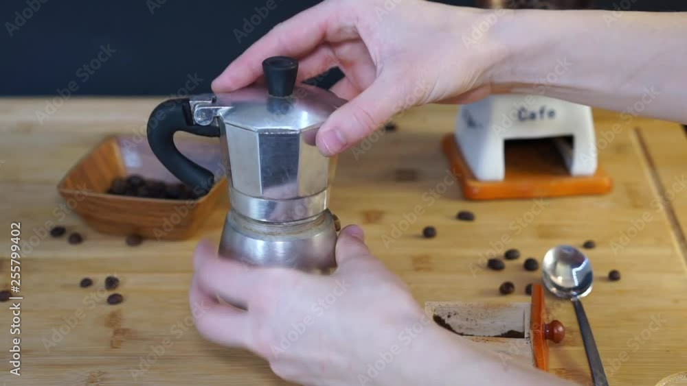 The moka coffee maker is divided into two parts: in the lower half ...