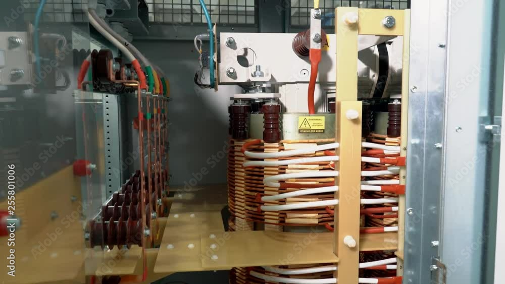 Control cabinet. Internal view of the transformer cabinet. copper parts ...