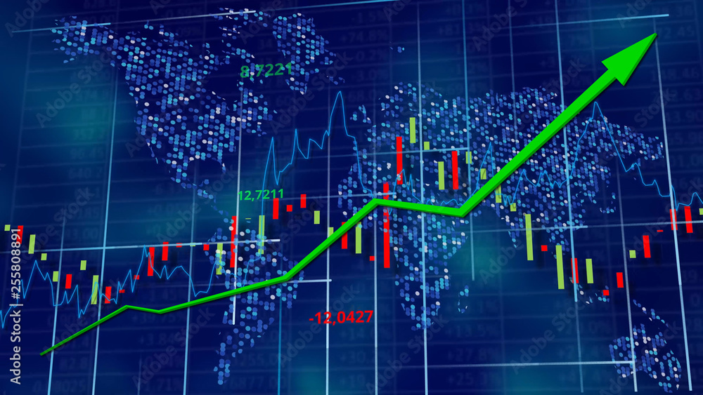Blue hi-tech background - stock diagrams with rising arrow. World map ...