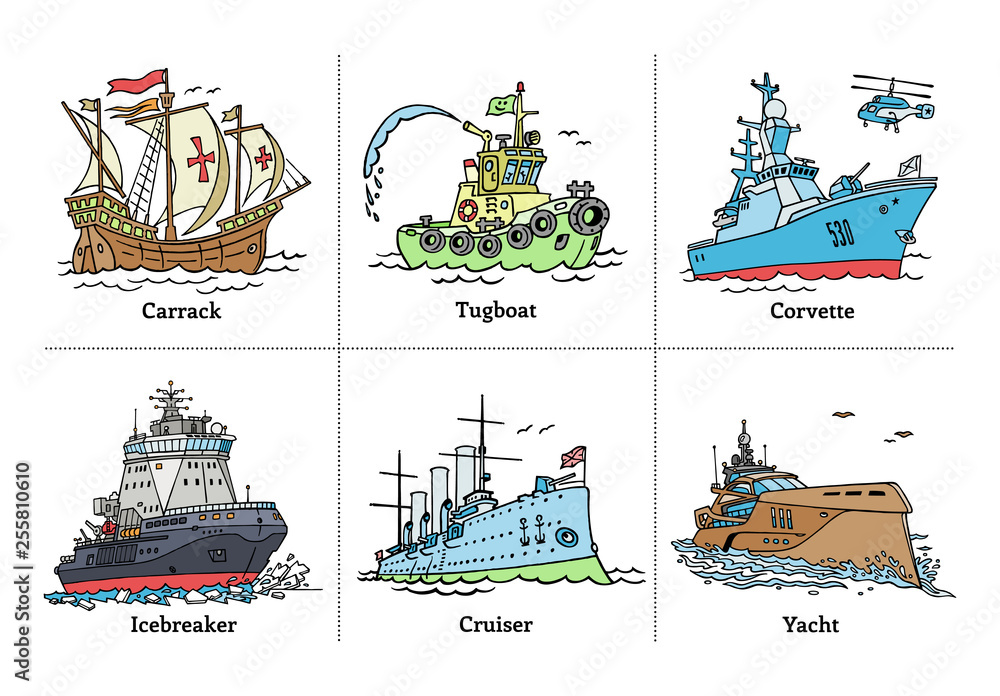 Illustration of color drawing sketch ships with yacht, icebreaker ...