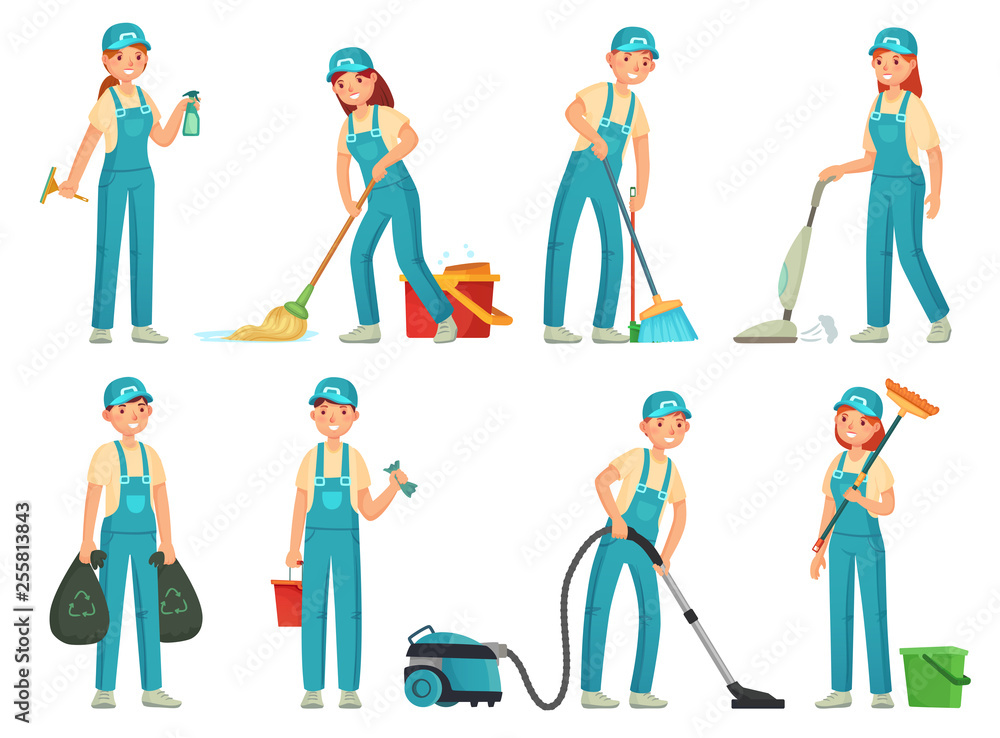 Cleaning workers. Professional cleaning staff, domestic cleaner worker ...