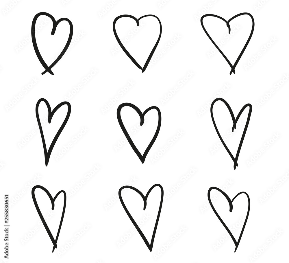 Hand drawn abstract hearts on isolated white background. Black and ...