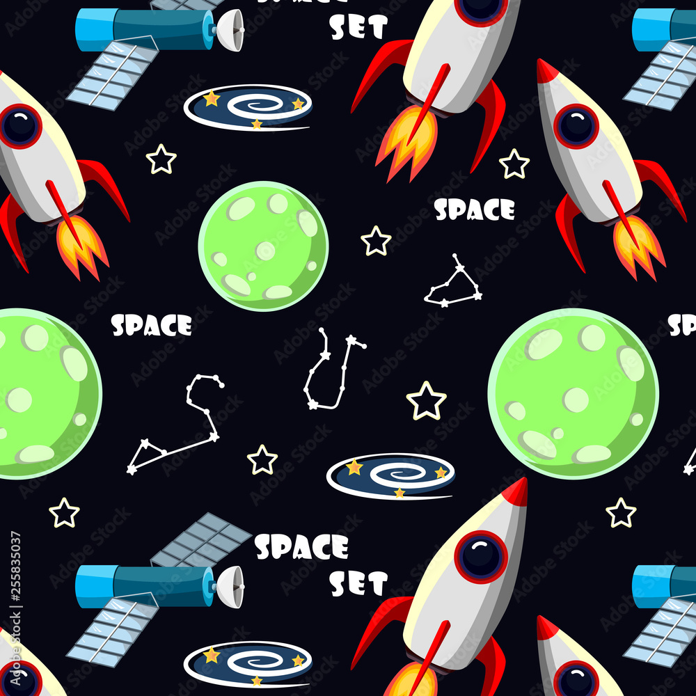 color vector illustration with rocket, planets, satellite, stars ...