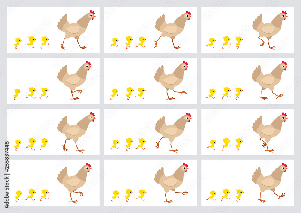 Walking light brown hen and chicks animation sprite sheet isolated on ...