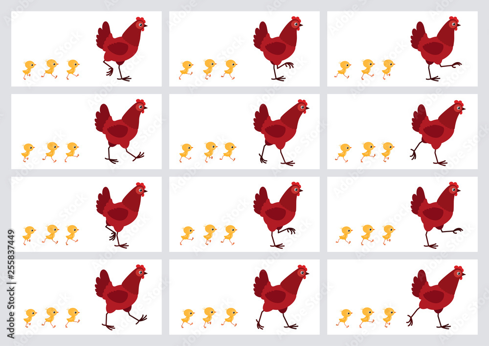 Walking red hen and chicks animation sprite sheet isolated on white ...