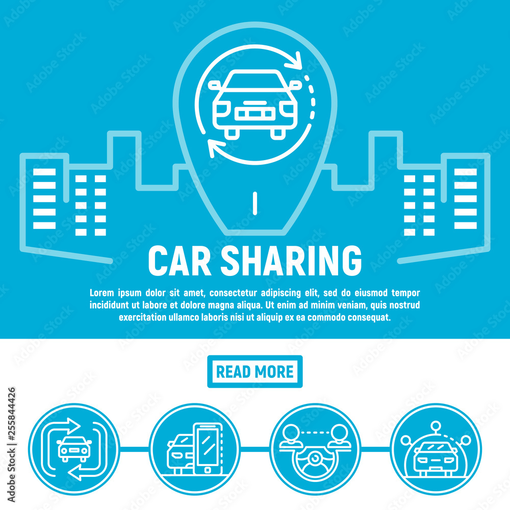 City car sharing banner. Outline illustration of city car sharing ...
