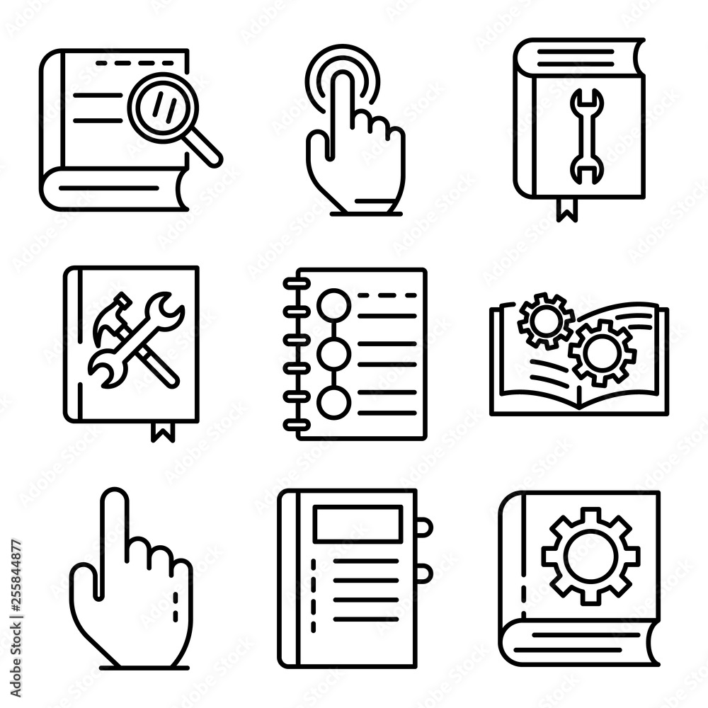 User guide icons set. Outline set of user guide vector icons for web ...
