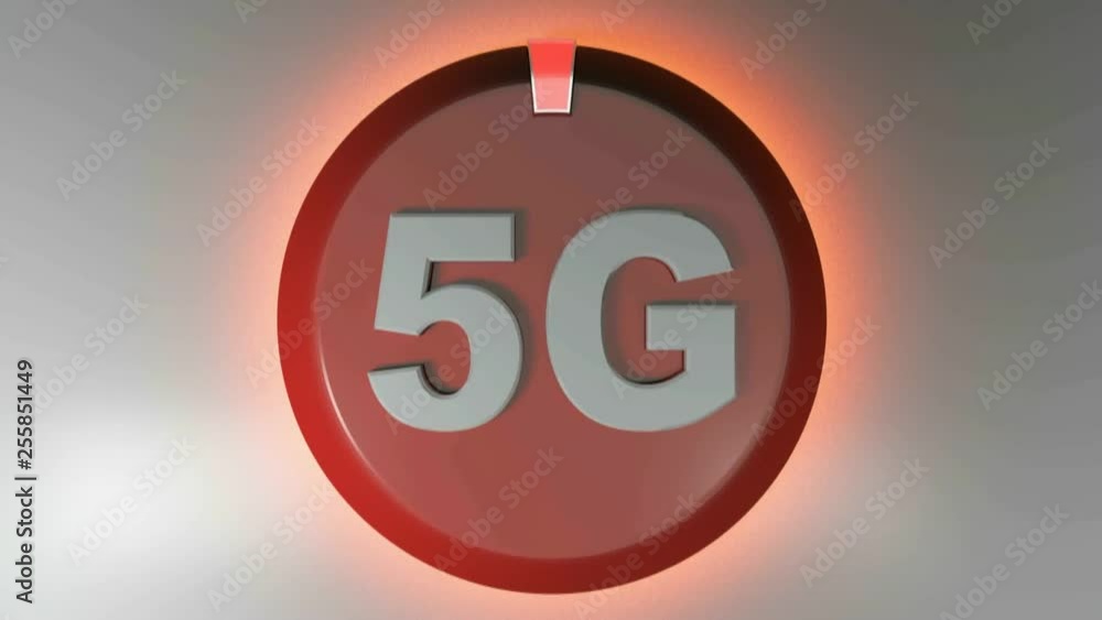 5G red circle icon with rotating light cursor - 3D rendering animation ...