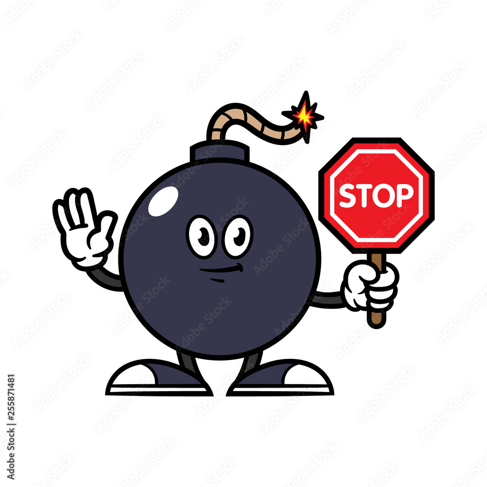 Cartoon Bomb Character Holding Stop Sign Stock Vector | Adobe Stock
