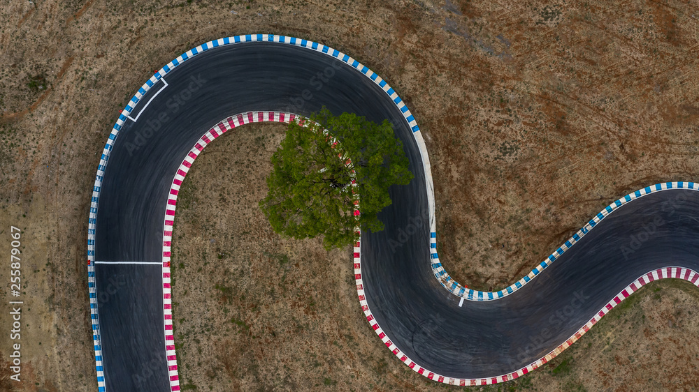 Curving race track view from above, Aerial view car race asphalt track ...