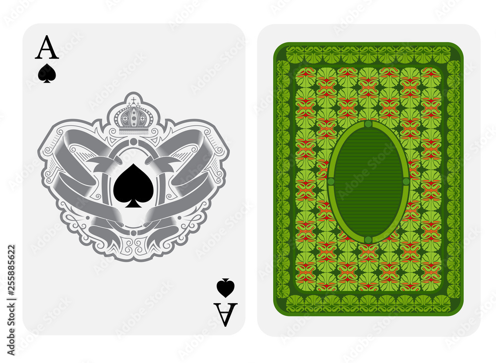 Ace of spades face with spades inside oval frame in center and ribbon ...