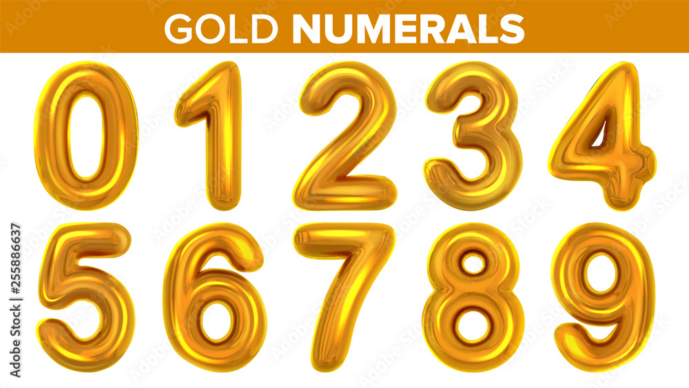 Gold Numerals Set Vector. Golden Yellow Metal Letter. Number 0 1 2 3 4 ...