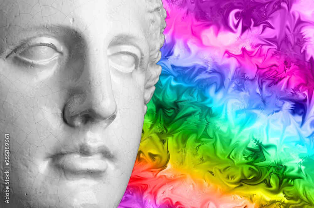 Gypsum head antique sculpture on a colorful retro vaporwave background ...