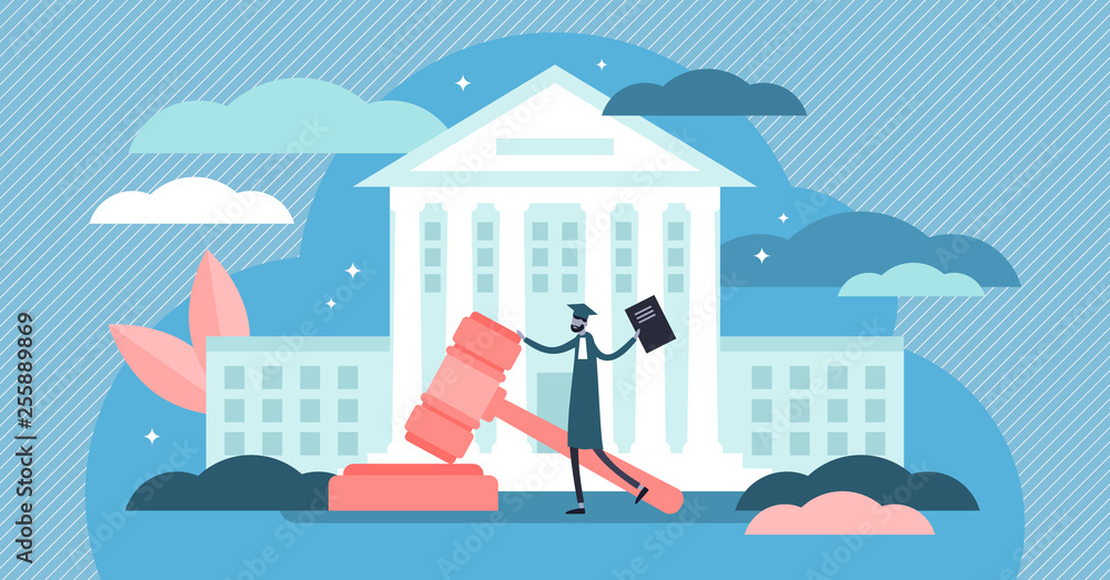 Supreme court vector illustration. Flat tiny judge building persons ...